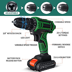 Cordless Drill Driver Set 21V, Power Drill Cordless 23PCS with Batteries 1500mAh, 25+1 Torque Hammer Drill, 3/8" Chuck, 2 Speed, 0-600 RPM/0-1300 RPM Variable Speed, LED Light for Home