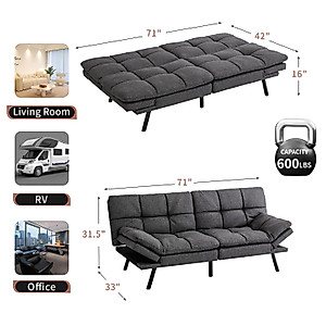 MUUEGM Futon Sofa Bed Convertible Memory Foam Sleeper Couch,Modern Loveseat for Living Room,Small Compact Space,Dorm,Office,Adjustable Armrests Backrest Sofabed, Linen Dark Grey