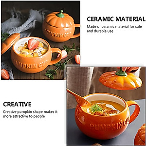 Luxshiny 2 Pcs Pumpkin Ceramic Soup Bowl Porcelain Pumpkin Shape Sugar Dessert Bowl with Lid Ceramic Dinnerware for Halloween