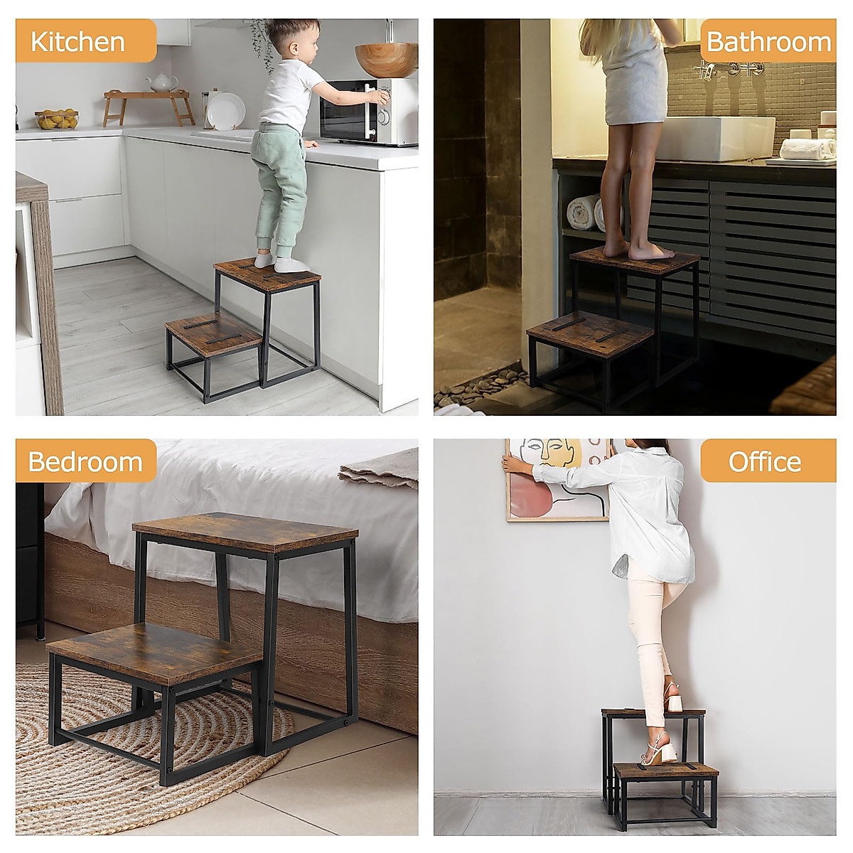 LIANTRAL Step Stool for Adults Kids, Sturdy Metal Frame Wooden Board Step Stool Helper, Supports Up to 350lb, Foot Stool, 2 in1 Step Stool for High Bed Kitchen Bathroom, Rustic Brown