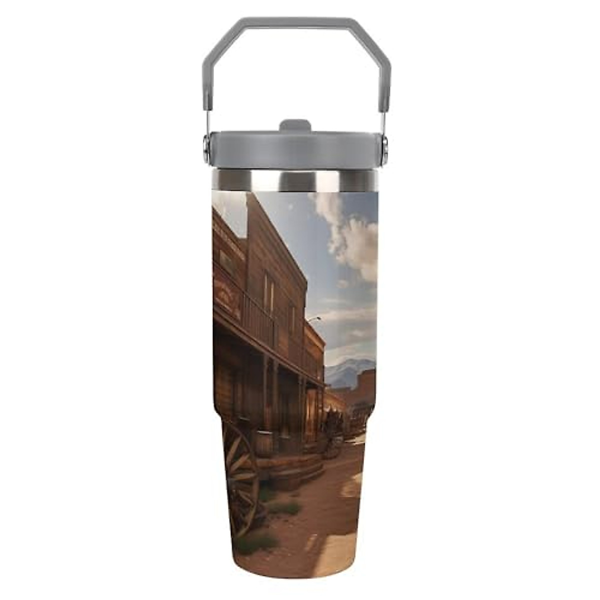 BWQJKUO Large Capacity Car Cup 30 Oz Stainless Steel Old Wild West Cowboy Town Printed Travel Mug Leak-proof Flip Straw Tumbler with Handle,keeps Cold Or Ho