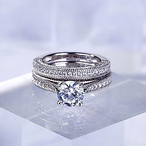 Jeulia Classic Round Cut Sterling Silver Ring Set Cubic Zirconia CZ Engagement Anniversary Eternity Wedding Band Ring for Women With Jewelry Gift Box (9)