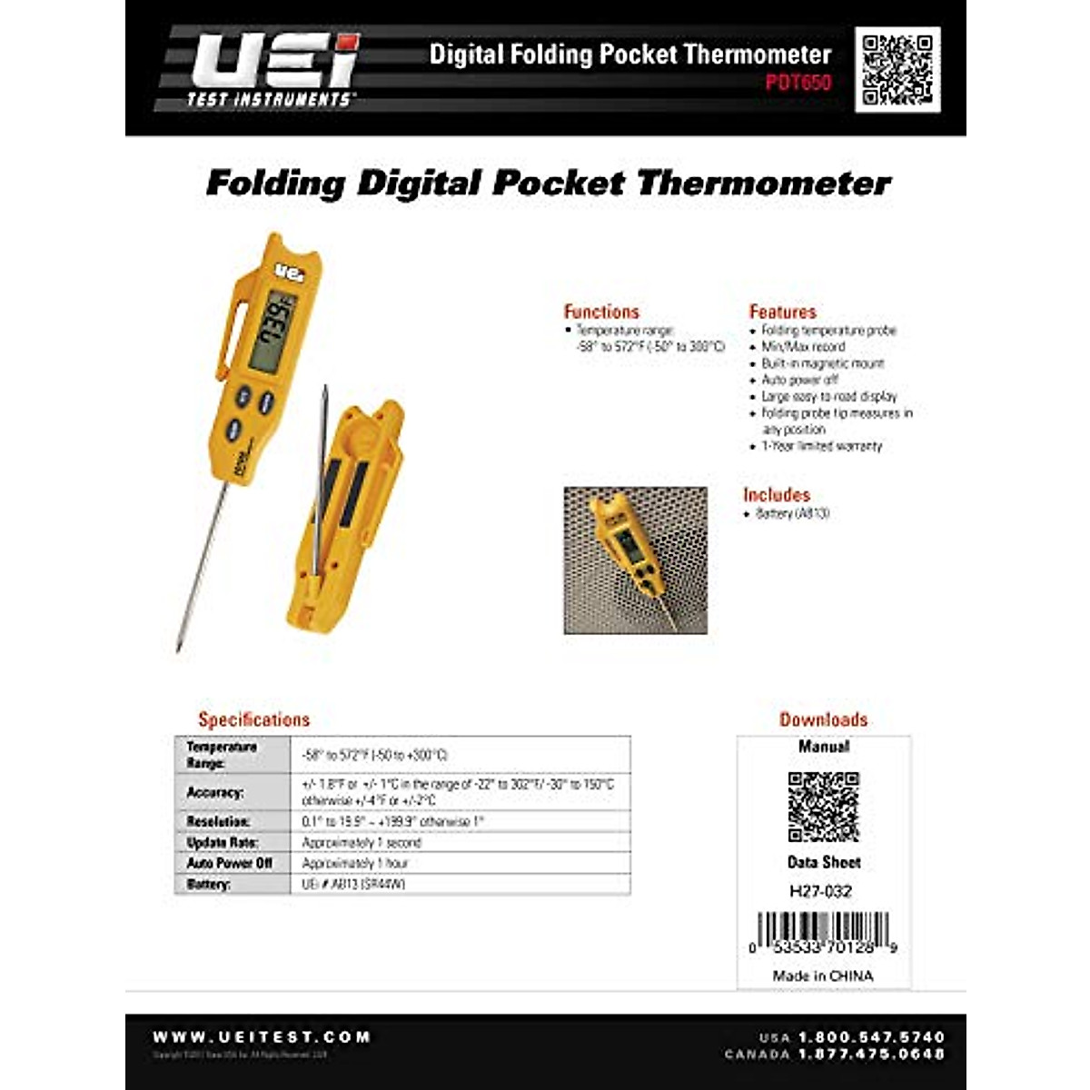 UEi Test Instruments PDT650 Folding Pocket Digital Thermometer,Yellow