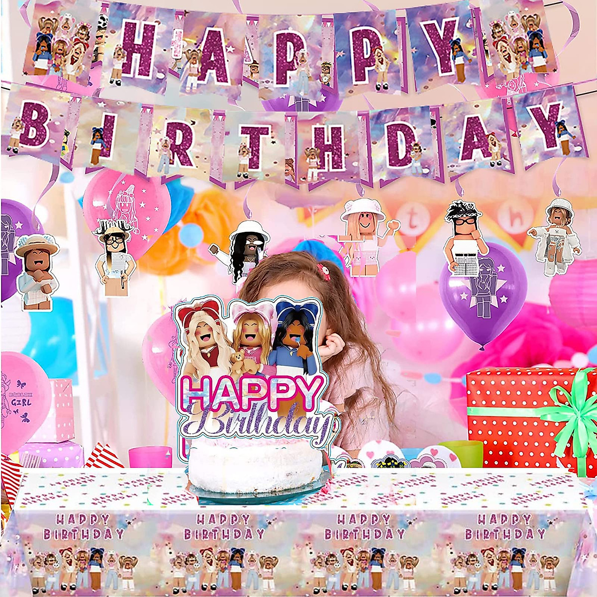 Pink Girl Robot Blocks Party Birthday Supplies, Robot Girls Game Party Tableware with Happy Birthday Banner, tablecloth, Disposable Paper Plates with Napkins for Kids Party Supplies Decorations