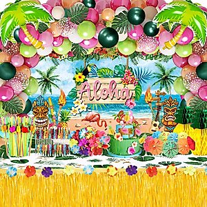 Hawaiian Luau Party Decorations(161 Pcs), Tropical Summer Beach Pool Party Supplies Including Aloha Backdrop, Table Skirt, Tablecloth, Flamingo, Palm Leaves and Hibiscus, Balloons Arch, Straws,