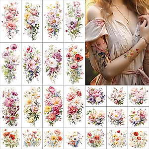 Everjoy Flower Temporary Tattoo Sleeve Sheets, 12 Large Watercolor Floral Tattoo Stickers, 13 Small Fake Flower Tattoo Designs for Women and Girls