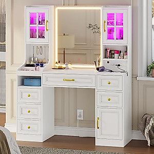 BTHFST White Vanity Desk with Touch Screen Mirror and Lights, Large Makeup Vanity with RGB Light Cabinets & Charging Station, 6 Drawers, 5 Jewelry Hooks, Vanity Table with Lighted Mirror