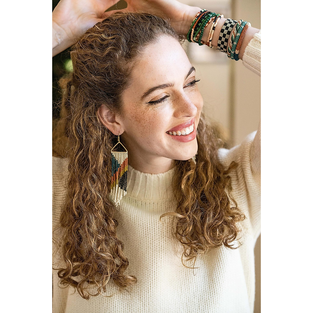 INK+ALLOY Women's Peacock Rust Citron Fringe on Brass Triangle Seed Bead Dangle Earrings Handmade Jewelry for the Modern Bohemian, 4.5-Inches