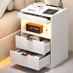 Yusong Night Stand, Bedside Table, LED Nightstand with Charging Station, Modern Night Stand White,Wood Sofa Couch End Side Table with 2 Pull-Out Shelf