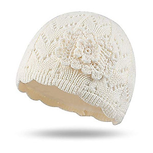 Bamery Winter Little Girls' Beanie Hat Cute Toddler Girl Knitted Hat Cotton Warm Hats for Under 6 Years (Rectangular Flower White, S/0-6m)