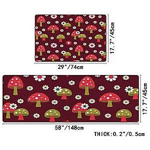 Kuizee Kitchen Mat Set of 2 Pieces Anti Fatigue Rugs Mushrooms Daisy Retro Dark Red Soft Water Absorbent Non-Slip Standing Mats Kitchen Decor Floor,17.7"x 29" +17.7"x58"
