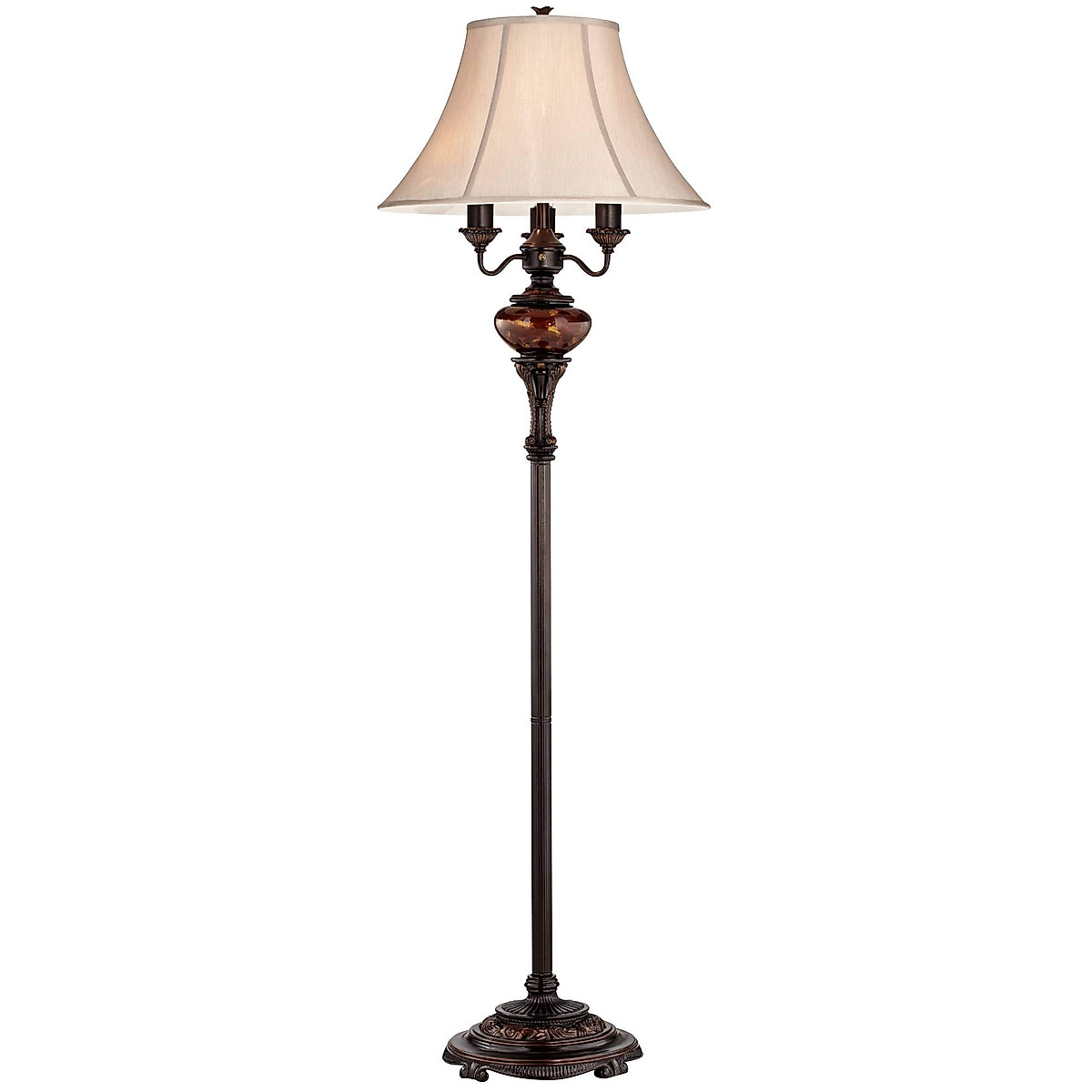 Barnes and Ivy Traditional Standing Floor Lamp Multi 4-Light 63" Tall Antique Bronze Copper Gold Tortoise Glass Font Fabric Bell Shade Candelabra Decor for Living Room Reading House Bedroom