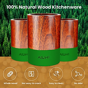 AIUHI Wood Cooking Utensil Holder for Countertop,Teak Crock Organizer Caddy, Wooden Holder for Kitchen Utensils,for Spoons Spatula Straw Cutlery Accessories Utensils Storage (Green)