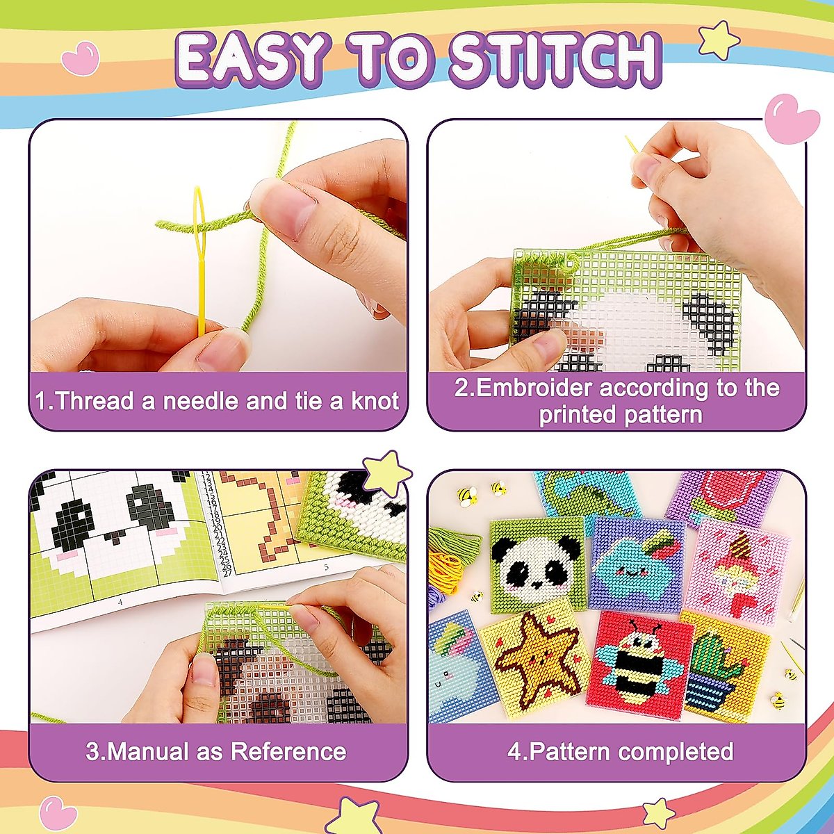 Caydo 8-in-1 Cross Stitch Kit for Beginners Kids, Includes 8 PCS Plastic Canvas with Pre-Patterns, 13 Colors Threads, Instructions, Embroidery Needles for Beginners Sewing