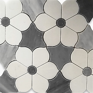 Stone Center Online Thassos White Marble Magnolia Flower Mosaic Tile w/Bardiglio Gray Polished Kitchen Bath Wall Floor Backsplash Shower (1 Sheet)