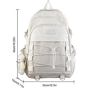 JIESIHAO Aesthetic Laptop Backpack Lightweight High-Capacity Nylon Travel Daypack for Women Cute Kawaii College Backpack with Bear Pendant (A01-Beige-bear Pendant)