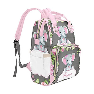 SunFancy Pink Flower Elephant Personalized Diaper Backpack Custom Mommy Bag Unisex Travel Daypack for Mom Dad Boy Girl