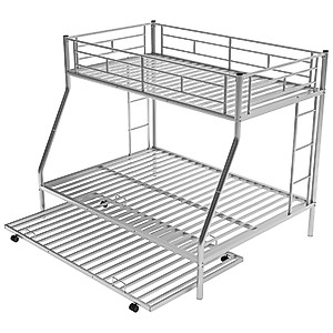 Merax Twin Over Full Bunk Bed with Trundle, 3 in 1 Triple Bunk Beds, Sturdy Steel Bunk Beds Frame for 3 Kids/Teens with Two Side Ladders and Safety Guard Rail,Silver Color