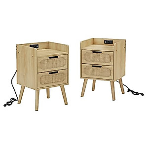 2 PC Nightstands with 2 Natural Rattan Decorated Drawers, Bedside End Table Side Table with 2 AC Outlets & 2 USB Ports, Solid Wood Legs & Particle Board Frame, Natural