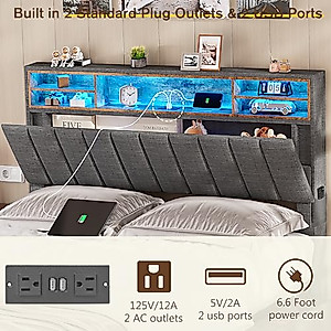 Lumelay Queen Bed Frame with 4 Storage Drawers, LED Bed Frame with Charging Station and Adjustable Tall Bookcase Headboard, Upholstered Mattress Foundation, No Box Spring Needed, Dark Grey