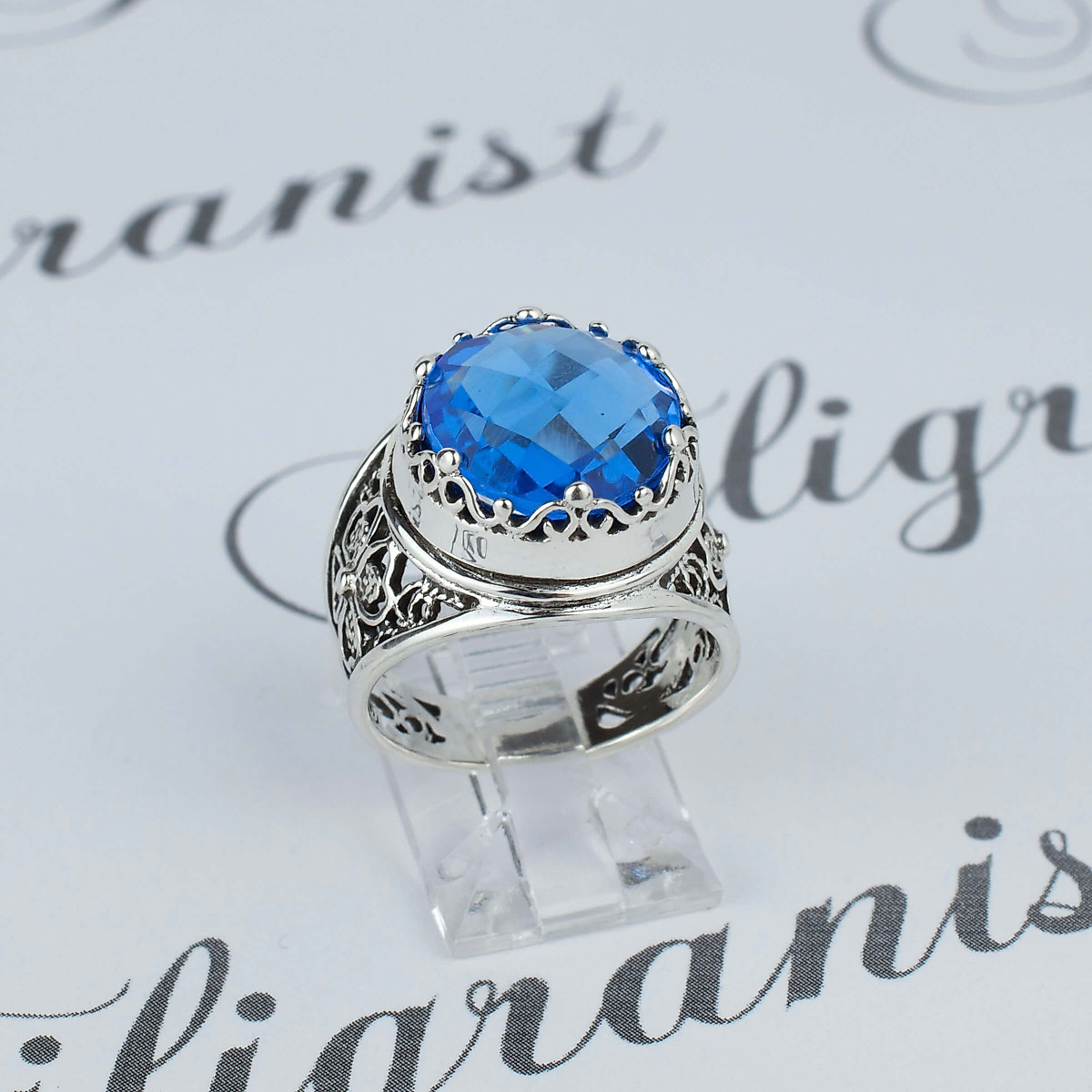 Filigranist 925 Sterling Silver Filigree Art Blue Quartz Gemstone Women Cocktail Statement Ring, Luxurious Gift Boxed (Blue Quartz, 10.5)