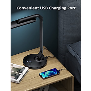 soysout LED Desk Lamp, Dimmable Piano Light, Eye-Caring Table Lamp with USB Charging Port, 4 Color Modes & 4 Brightness Levels,1 Hour Timer for Reading, Study, Working, Black