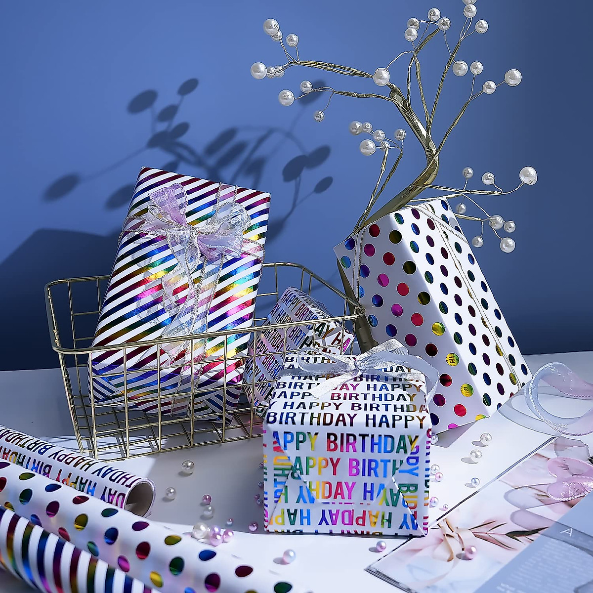 KORSEEN Gift Wrapping Paper Roll, Rainbow Gold Foil Wrapping Paper for Birthday, Party, Holiday - 3 Mini Rolls Birthday Gift Wrap - 17 x 120 Inch Per Roll