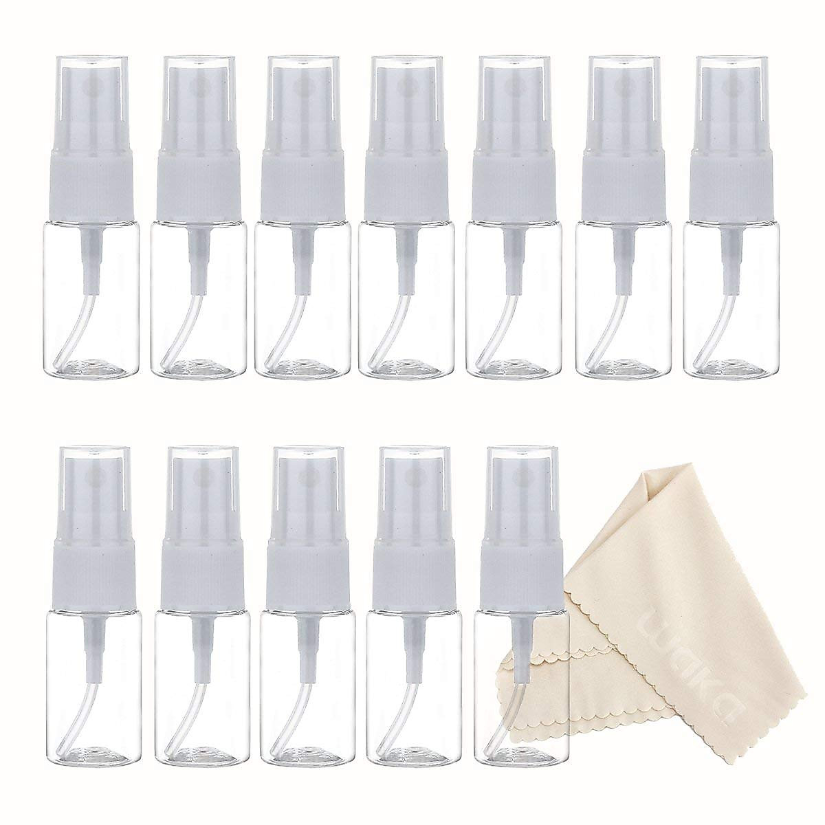 waka 12 Pack 0.35oz/10ml Empty Small Spray Bottle, Clear Plastic Fine Mist Mini Spray Bottle for Travel, Cleaning, Essential Oils, Perfume + Microfiber Cleaning Cloth