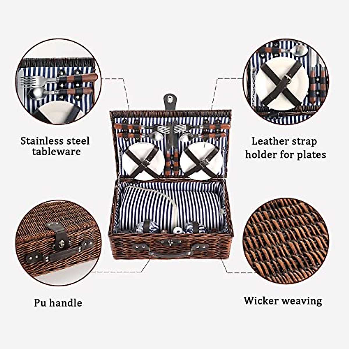 HYBDAMAI Willow Picnic Basket Set for 4 Persons with Waterproof Picnic Blanket, Wicker Picnic Basket for Camping, Outdoors, Valentine's Day, Christmas, Thanksgiving, Birthday