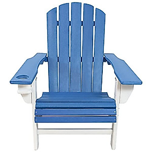 Sunnydaze All-Weather Blue/White Outdoor Adirondack Chairs with Drink Holders - Set of 2 - Heavy Duty HDPE Weatherproof Patio Chair - Ideal for Lawn, Garden, and Around The Firepit