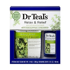 Dr Teal's Eucalyptus Epsom Salt & Foaming Bath Oil Sampler Gift Set - Give The Gift of Rejuvenation & Self Care! - 14 oz Bag of Eucalyptus Bath Salts & 3 oz Bottle of Eucalyptus Foaming Bath Oil