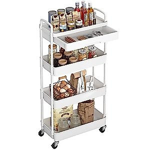 Dttwacoyh 4-Tier Rolling Cart，Trolley with Drawer, Kitchen Storage Organizer with Plastic Shelf & Metal Wheels, Storage Cart for Living Room, Kitchen, Office, Bathroom, White