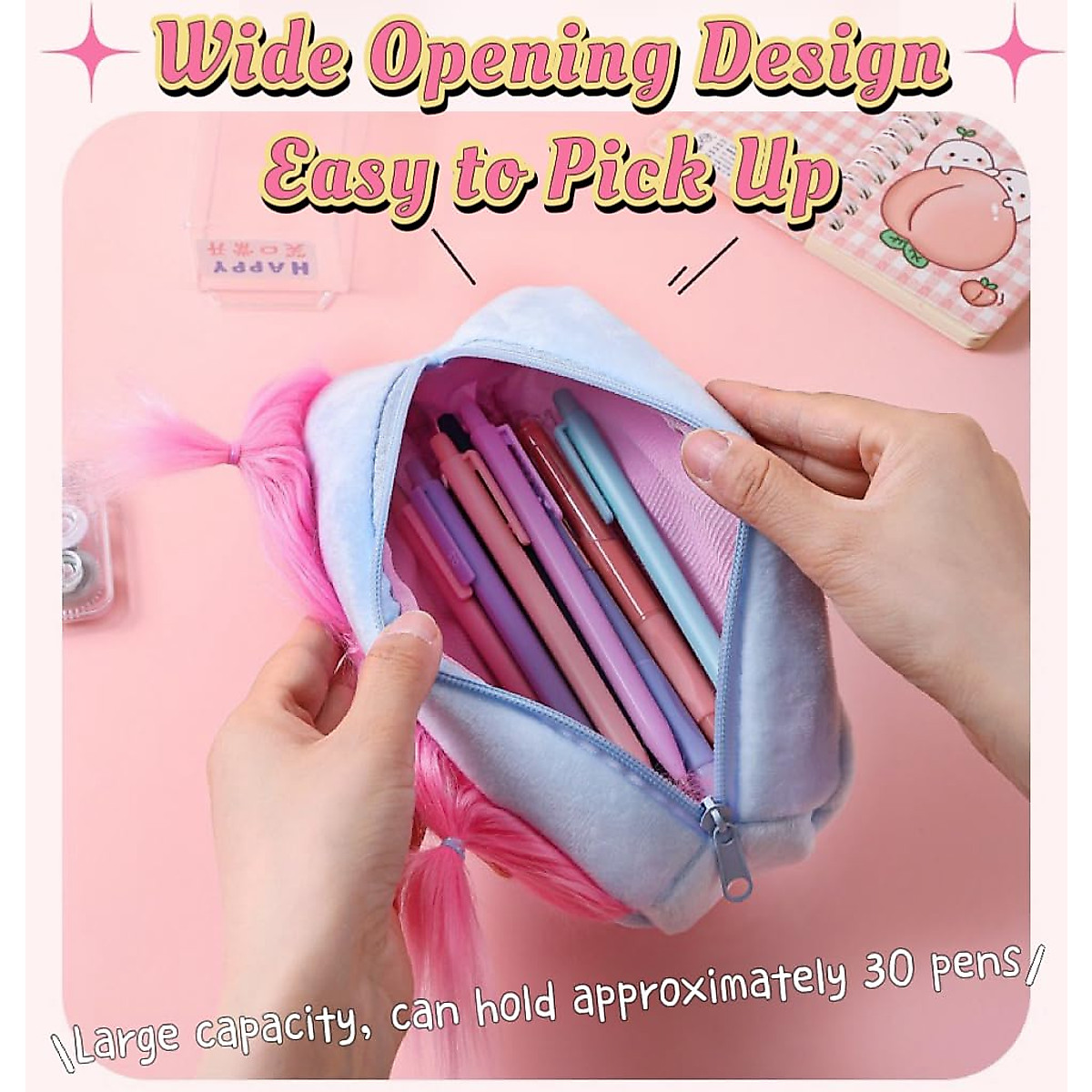 XZR Cute DIY Pen Bag Case Box Stocking Stuffers Cute Creative Long Hair Doll Colorful Cartoon Large Capacity Zipper Organizer Storage Bag Box Nice Gift (Blue)