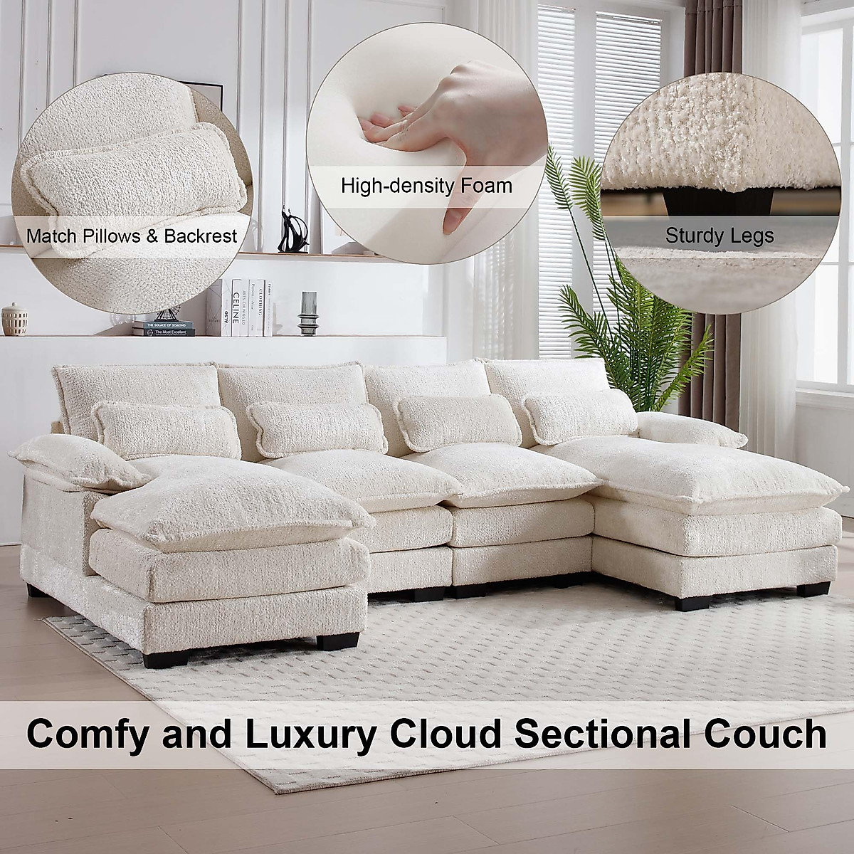 GNIXUU 110" Sectional Sofa Cloud Couch for Living Room, Modern Chenille U Shaped Couch, Comfy Modular Sofa Sleeper with Double Chaise & Memory Foam(Beige)