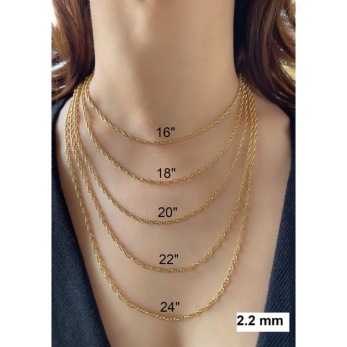 JEWELHEART 14K Real Gold Twisted Necklace For Women - 2.2mm Diamond Cut Braided Chain Link Necklace - Dainty Yellow Gold Pendant Necklace with Lobster Clasp 24"
