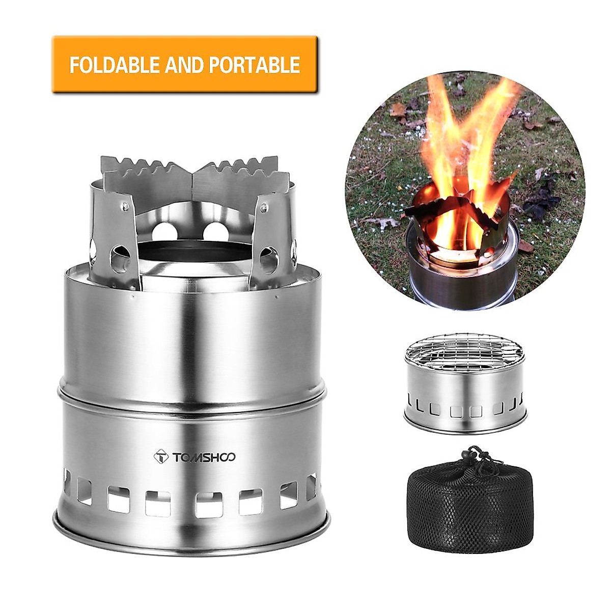 TOM SHOO Camping Stove Camp Wood Stove Portable Foldable Stainless Steel Burning Backpacking Stove for Outdoor Hiking Picnic BBQ