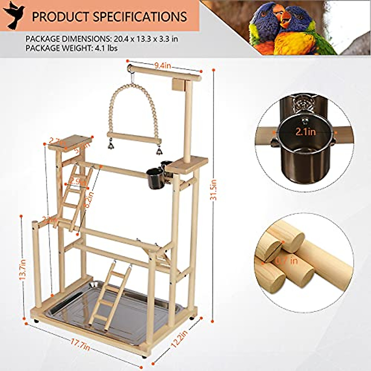Edudif 3 Layers Wood Bird Playground Large Parrot Playstand Bird Perch Stand Bird Gym Playground Playpen for Cockatiel Parakeet Parrot (with Installation Notes)