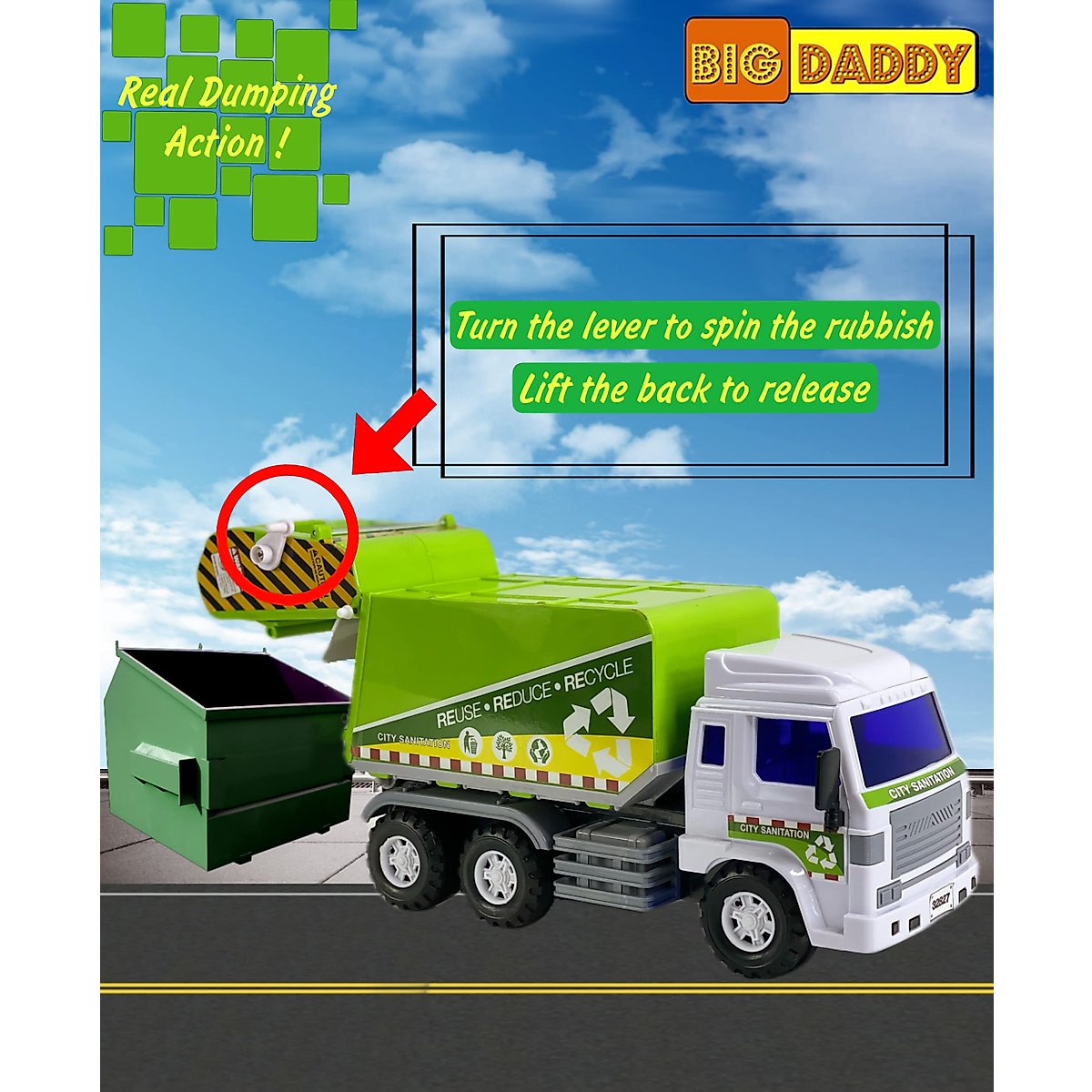 Big Daddy Medium Duty Friction Powered Garbage Truck (Dustbin Lorry) with Easy Collect Spin Flaps & Dump Lever When Full
