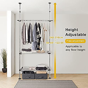 DAHOOMII Adjustable Clothes Rack Double Tension Pole Garment Display Stand Heavy Duty Coat Jacket Hanger Clothing Storage Organizer with 2 Large Shelves & 1 Hanging Rod - Grey