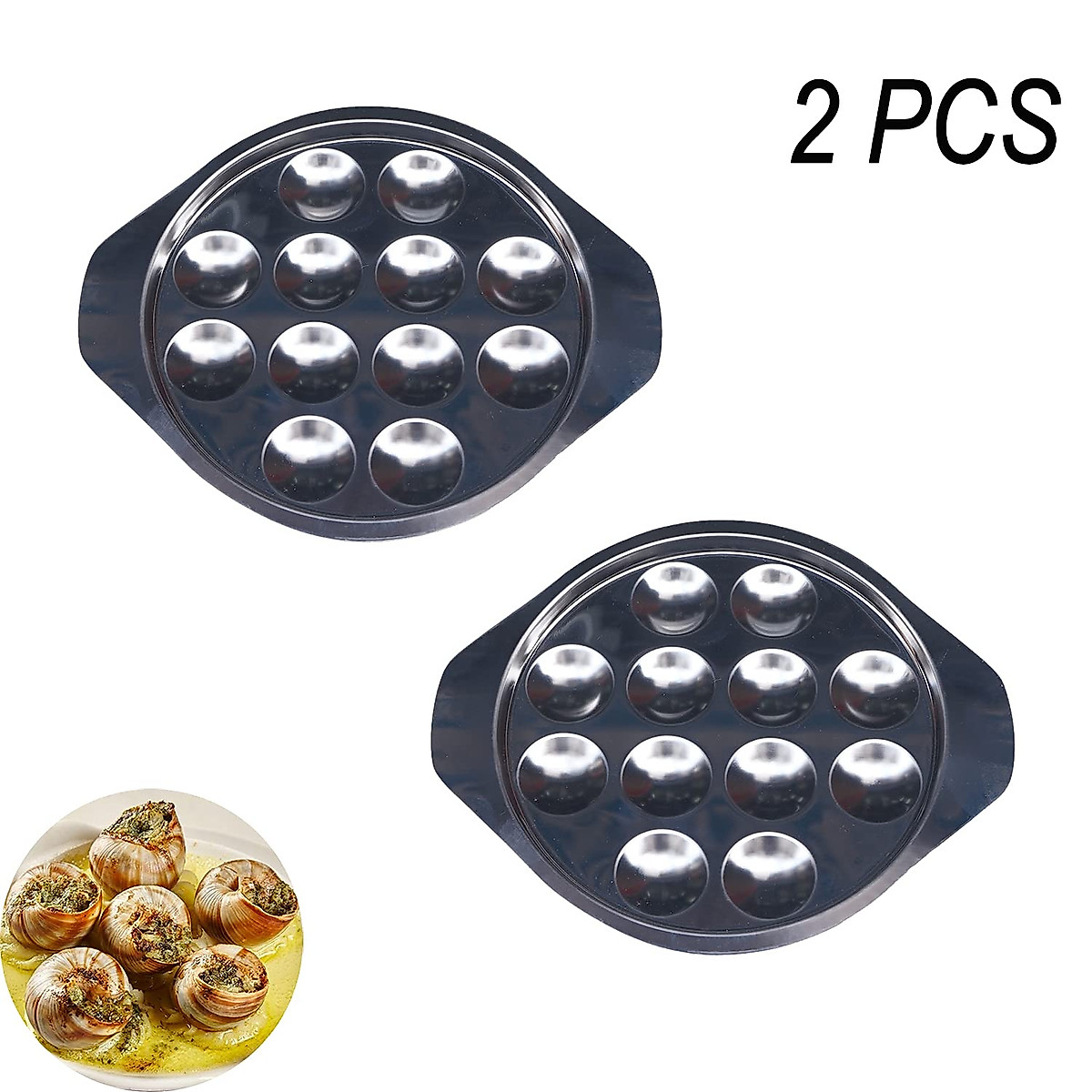 Proshopping 2 PCS Stainless Steel Snail Escargot Plate Set, Large Escargot Baking Dish Platter, Round Mushroom Escargot Serving Tray, French Escargot Grill Pan, 12 Holes - for Seafood (8.7 Inch)