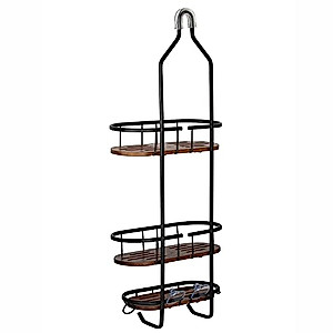 Utopia Alley Tia Rustproof Teak Overhead Shower Caddy with 3 Shelves - Decorative Shower Rack for Shampoo & Toiletries Storage, Hanging Shower Head Organizer - Black Finish