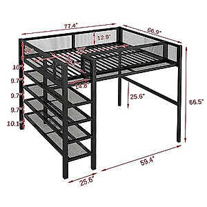 Loft Bed Multifunctionl Bed, Metal Full Size Loft Bed Frame with 4-Tier Open Shelves, Guardrail Side Storage Shelf and Mesh Guardrails, Kids Adults Bedroom Furniture High Loft Storage Bed (Black Bed)