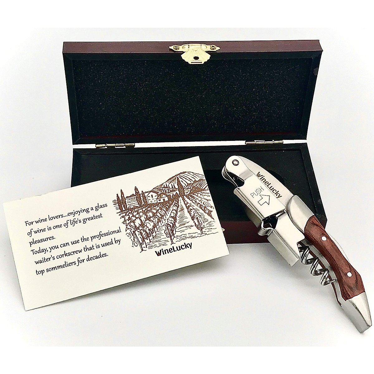 Wood Handle Wine Bottle Corkscrew Opener In A Wooden Box. Heavy Duty Sommelier Corkscrew Stainless Steel With Rosewood & Foil Cutter. An Elegant Gift For Wine Lovers & Waiters. (Brown, Rosewood)