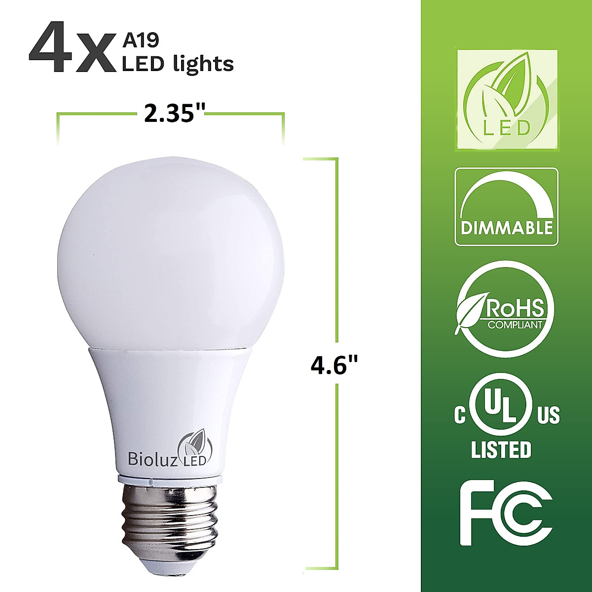 Bioluz LED 100W LED Bulbs, Dimmable LED Light Bulbs, Natural White 4000K, A19 LED Light Bulb 1500 Lumen - 4 Pack