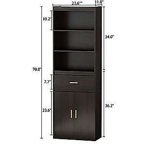FUFU&GAGA Modern Bookcase Storage Cabinet, Tall Storage Wooden Bookshelf with 3 Tiers Shelf, 2 Doors & 1 Drawer for Home Office, Bedroom, Living Room, 23.6" W x 11.8" D x 70.8" H, Black-Brown