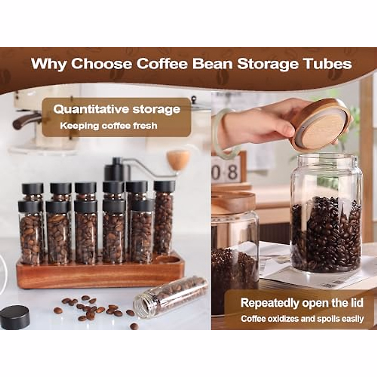 Single Dose Coffee Bean Storage Tubes - 12pcs Coffee Beans Container,Coffee Vials dosing container,glass espresso container with Wood Display Stand and Funnel(Tube1)