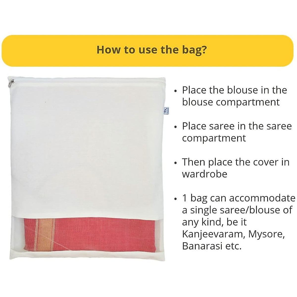 Clarkia Reusable Cotton Saree Cover with Blouse compartment big size for Storage, Wardrobe Organizer bags saree bags cotton (17x17 inches, Beige) (12)