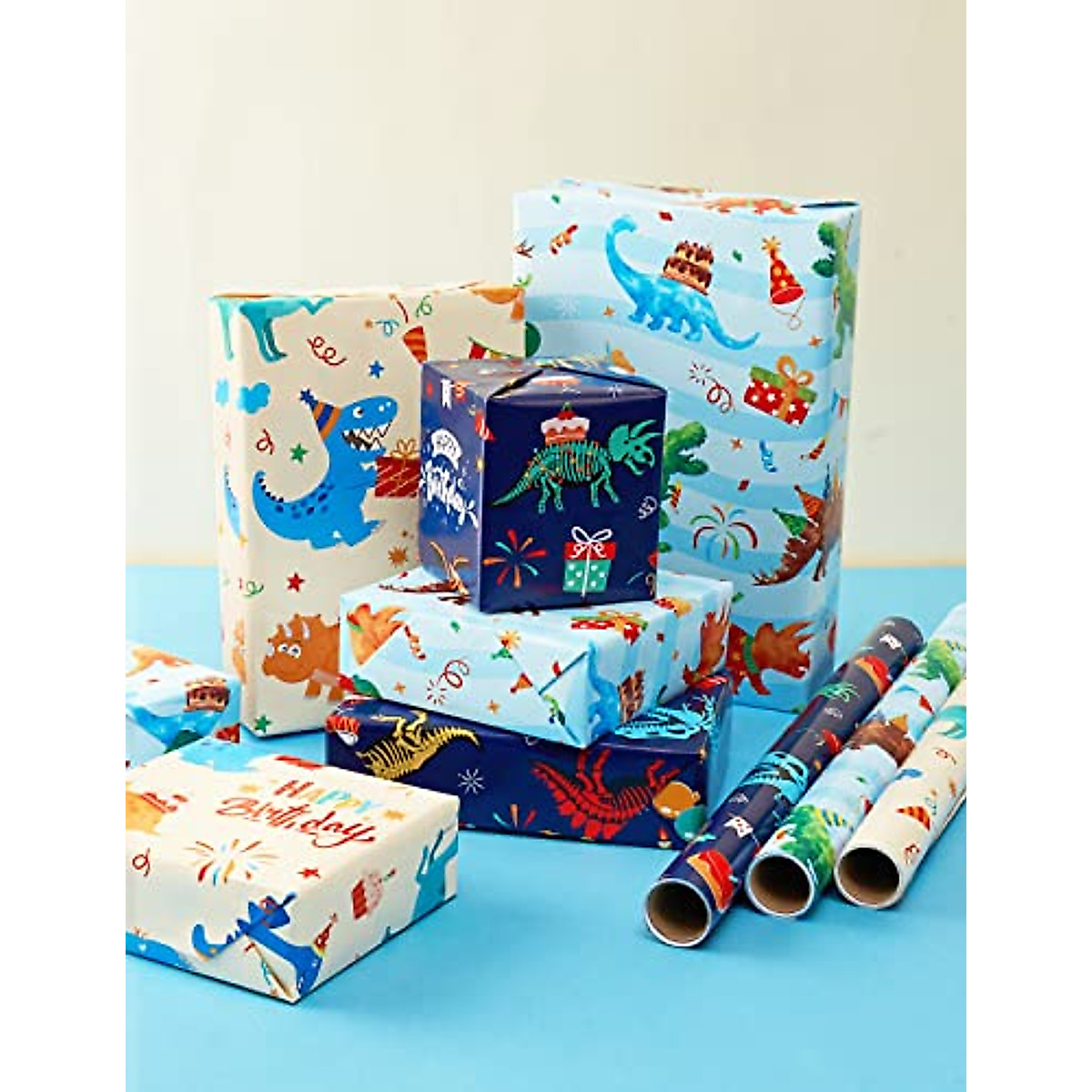 Dinosaur Wrapping Paper Rolls - 3 Rolls 17” x 120” Happy Birthday Wrapping Paper Kids Wrapping Paper Rolls Boy Dinosaur Gift Wrap Paper Dinosaur Party Favor Happy Bday Wrap with Cutting Line on Back