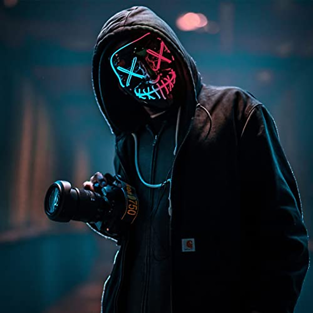 Wlevzzor Halloween LED Scary Mask Cosplay Costume Light up Purge Mask EL Wire Mask for Festival Party Halloween Gifts LED Mask (Ice Blue+Pink)