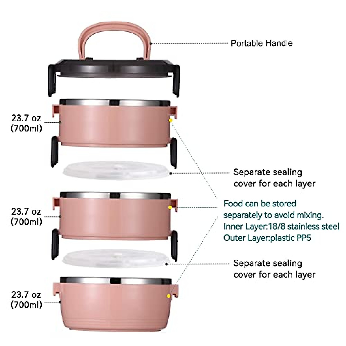 YBOBK HOME 3-Tier Cylinder Stackable Lunch Box With Bag, Keep Food Warm Thermal Lunch Container, Portable Stainless Steel Insulated Lunch Box, Pink 71oz